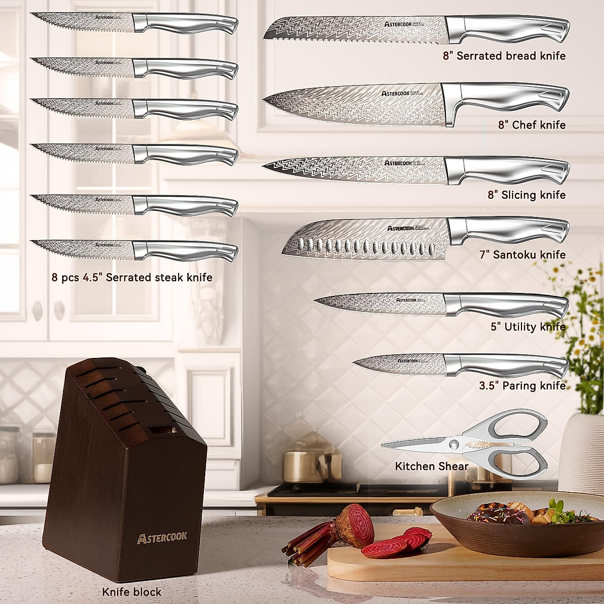 Knife Set, Astercook 15 Pcs Knife Sets for Kitchen with Block, Dishwasher Safe Kitchen Knife Set with Built-in Sharpener, German Stainless Steel Knife Block Set