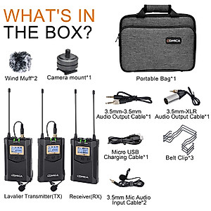 Wireless Lavalier Microphone, with Carrying Bag,Comica CVM-WM100 PLUS UHF 48 Channels Dual Lapel Microphone System for DSLR Cameras, XLR Camcorder, Phone, Lav Mic for Interview Youtube Video Shotting