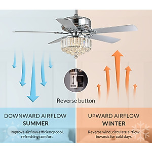 NOXARTE 52 inch Crystal Ceiling Fan with Lights, Modern Chrome Chandelier Ceiling Fan, Quiet Motor, 5 Reverse Wood Blades Crystal Fandelier Ceiling Fan Light Kit for Bedroom Living Dining Room