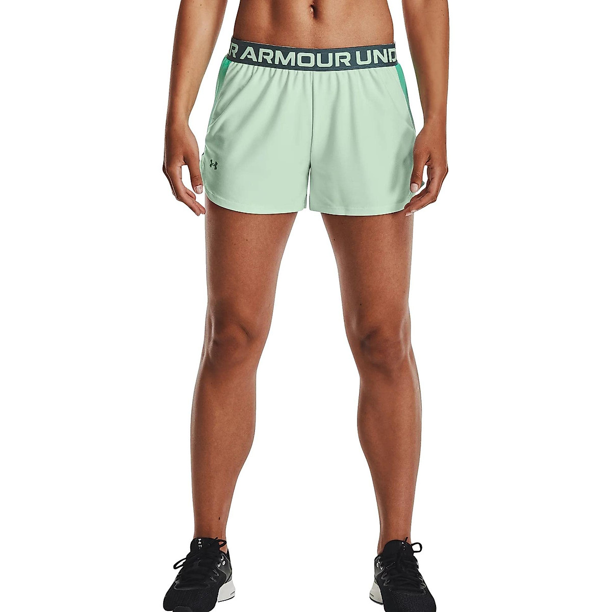Under Armour Women's UA Play Up Side Mesh Shorts (Medium, Seaglass Blue/Comet Green)