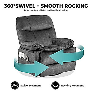 HOMYEDAMIC Heated Rocker Recliner Chair with Massage for Adults Elderly, Oversized Wide Lazyboy 360°Swivel Adjustable Ergonomic Lounge Fabric Theater Sofa for Home Living Room Bedroom(Grey)