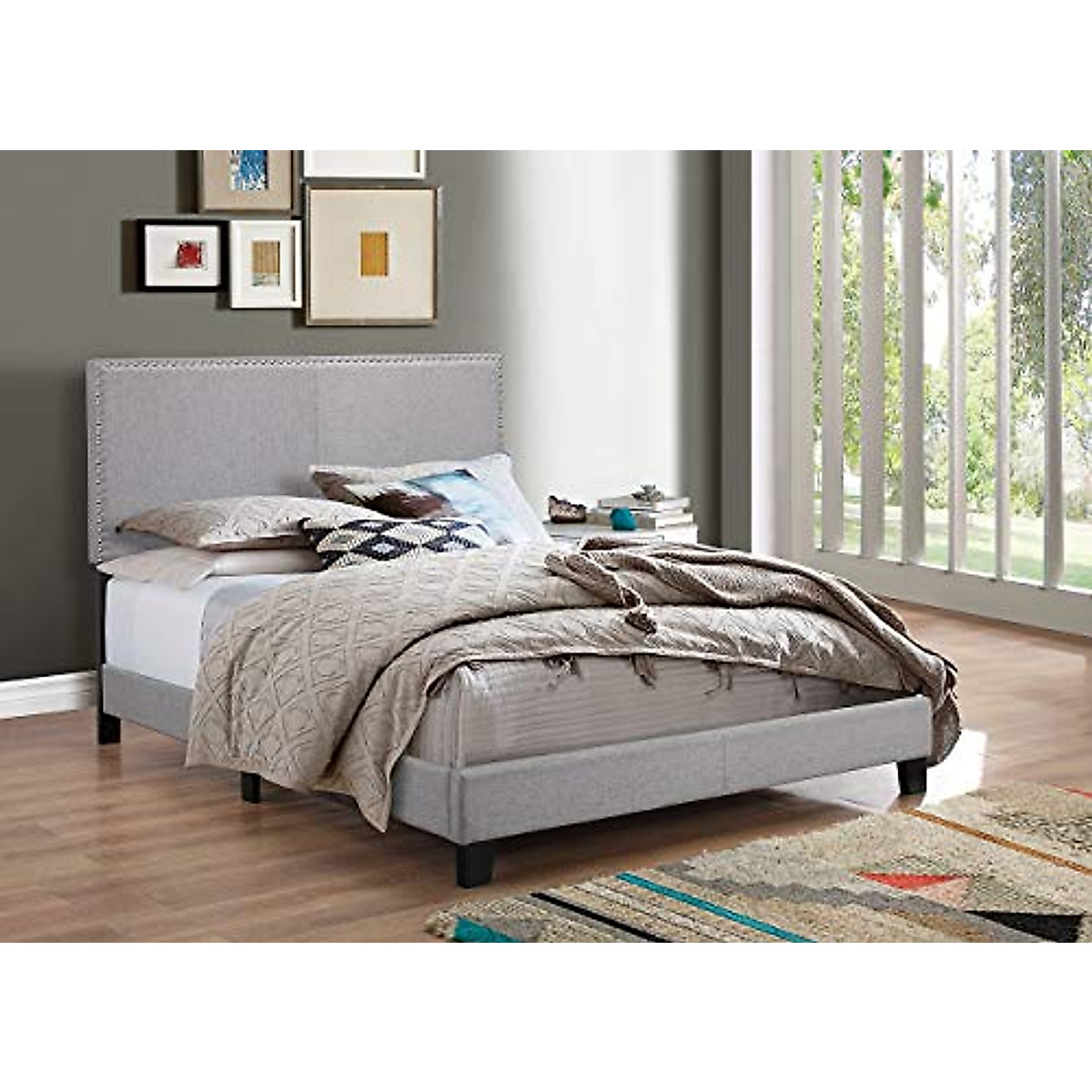 Crown Mark Erin Upholstered Panel Bed in Gray, Queen