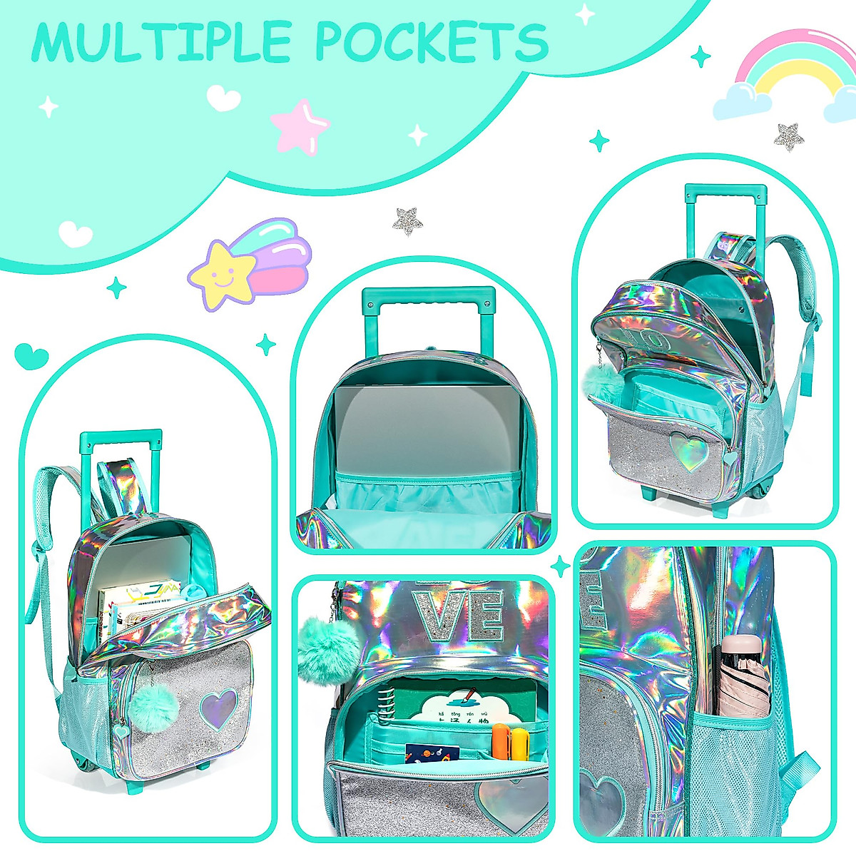 ZBAOGTW Rolling Backpack for Girls Kids Backpack with Wheels for Elementary Kindergarten Girls Wheeled Backpack Carry on Luggage Rolling Backpack with Lunch Bag