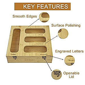 Bamboo Ziplock Bag Organizer for Drawer with Removable Lid | Ziplock Bag Storage Organizer | Ziplock Bag Organizer| 4 Compartments Plastic Bag Organizer | Wooden Baggie Organizer | 12 x 12 x 3-inch