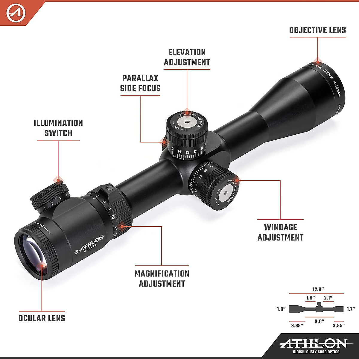 Athlon Optics 215030: Talos BTR 4-14X44, Gen2 Riflescope Direct Dial, Side Focus 30Mm Tube Ffp, Aplr10 Ffp Ir-Moa