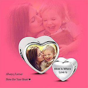 Qxun Custom Photo Charm Bead 925 Sterling SilverPersonalized Heart Picture with Loved Dear Charms Beads Fit Women Bracelet Necklace As Mother Daughter Present(Style 1)