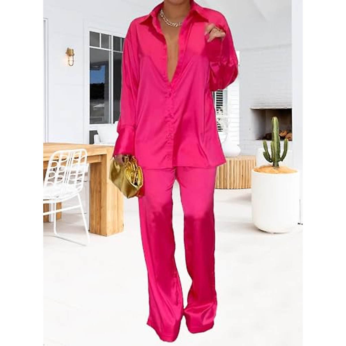 GTMRINJN Women's Long Sleeve Button Down Sleepwear Loose Satin Tops and Wide Leg Pants Set 2 Piece Loungewear Pjs Rose Red M