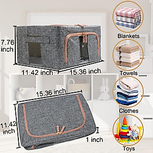 Linen Clothes Storage Bins, 4PCS Sturdy Closet Organizers and Storage Bin with Metal Frame, 2 Opening Ways Fabric Visible Lidded Storage Box for Organizing Clothing,Jeans,Sheets (4PC Gray, 22Liters)
