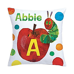 Eric Carle's Very Hungry Caterpillar Personalized Throw Pillow with Apple on White Removable Cover, Custom Name and Initial Printed, Official Licensed Product, 14x14