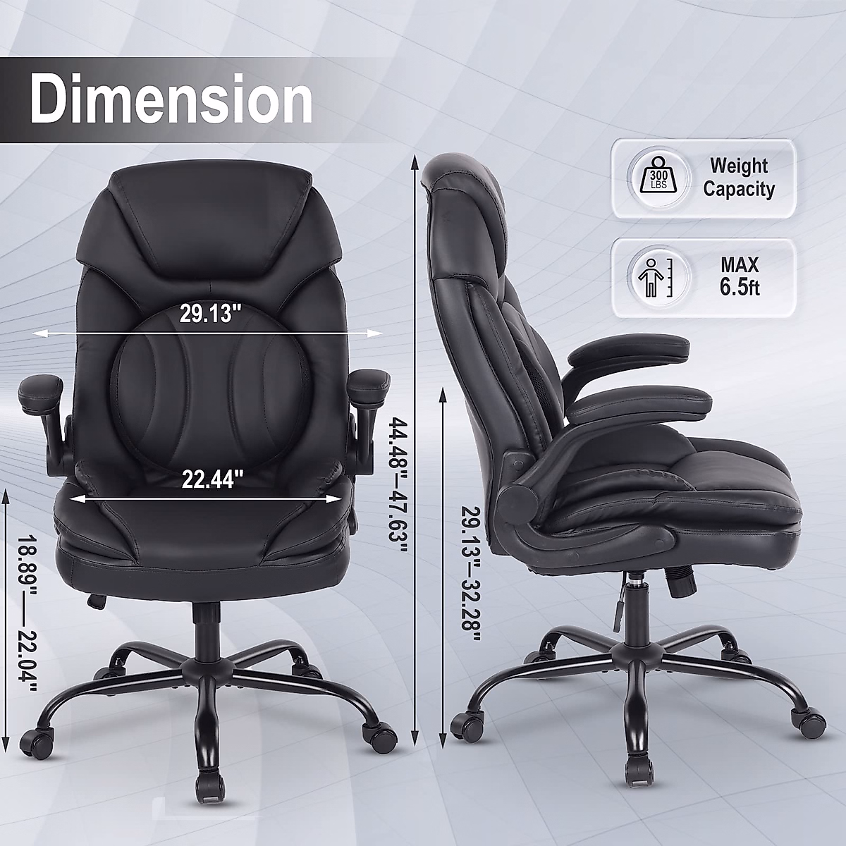 Comermax Ergonomic Executive Office Chairs with Lumbar Support, PU Leather Home Office Desk Chairs with Wheels and Flip up Arms, 90-120° Rocking Managerial Executive Chair (Black),Medium(300lbs)