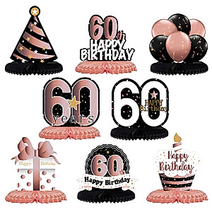 LINGTEER Happy 60th Birthday Rose Gold Table Honeycomb Centerpieces Cheers to 60th Birthday Sixty Years Old Party Table Decorations Gift Sign.
