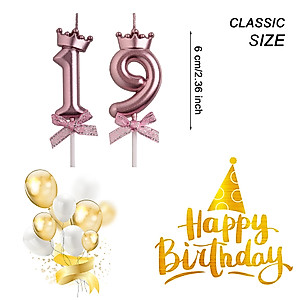 AOOLADA 19th Birthday Candles, Rose Gold 3D Number 19 Happy Birthday Candle with Crown, Cake Topper Decorations for Teenagers Boys Girls