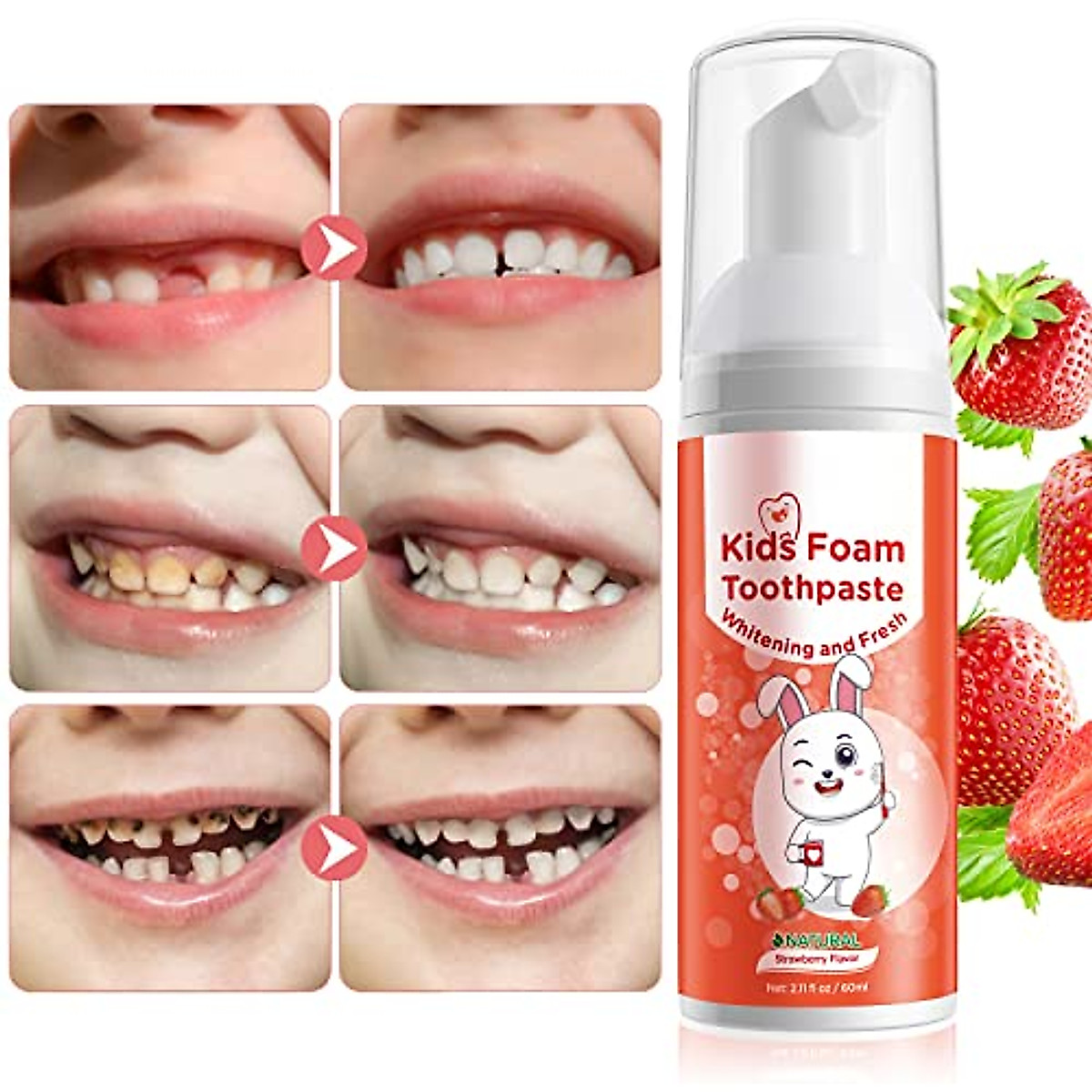 Kids Foam Toothpaste with Low Fluoride - Anti-Cavity, Whitening and Fresh, Gentle Teeth Whitening Foam Toothpaste Kids for U-Shape Toothbrush, Ages 3 Plus - 60ml (Strawberry)