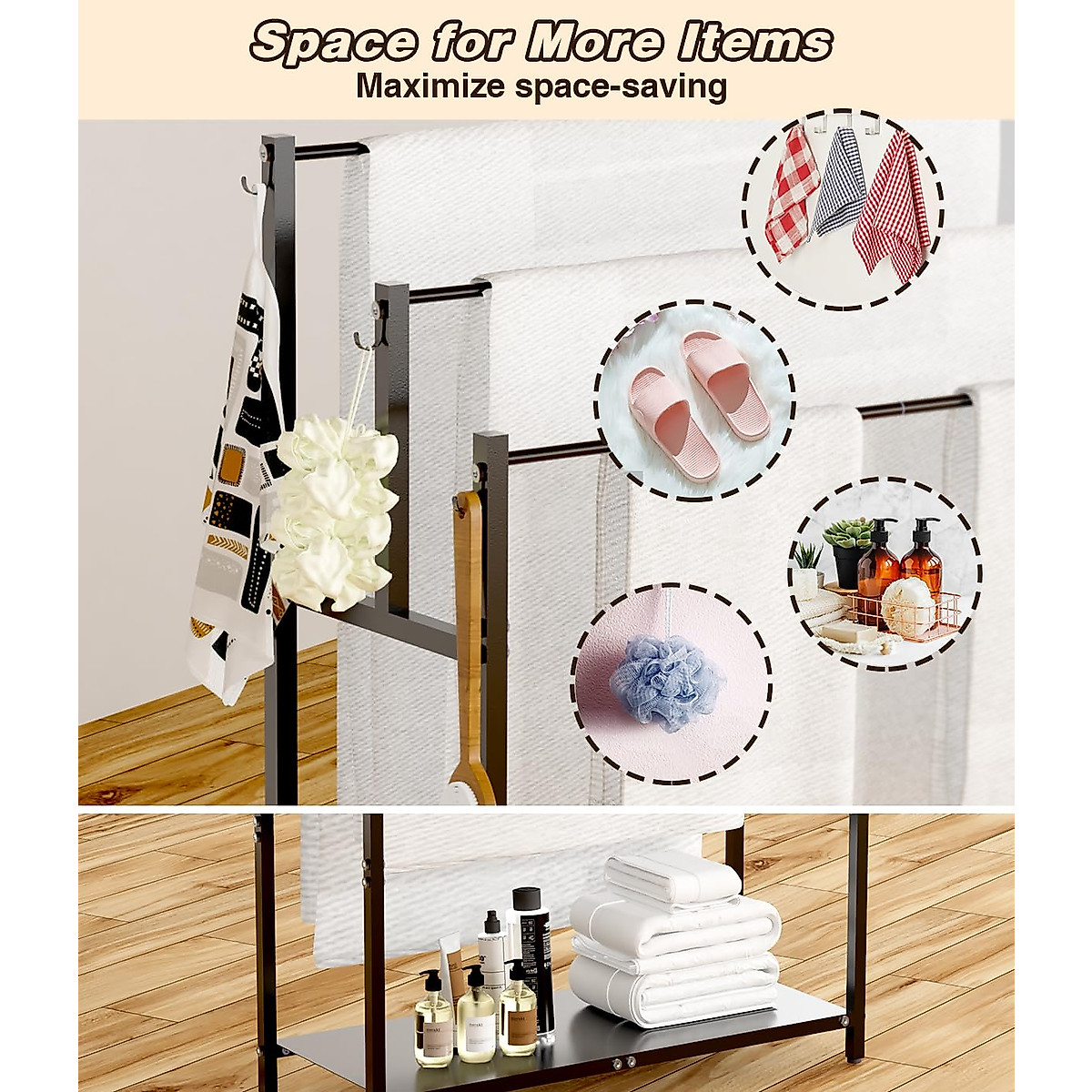 Mondazie 44” Tall Free Standing Towel Racks with 6 Hooks for Bathroom, 3 Tiers Oversized Pool Bath Towels Drying Stand, Metal Blanket Ladder Holder with Storage Shelf for Bedroom Living Room, Black