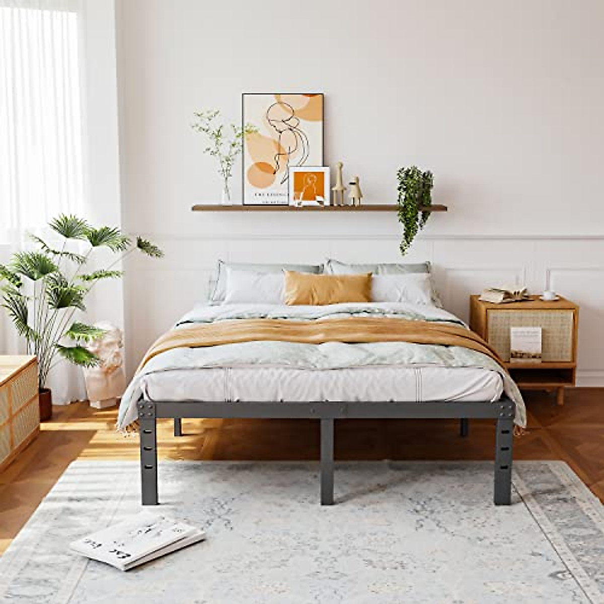 ZIYOO Queen Size Bed Frame 16 Inches High, 3 Inches Wide Wood Slats with 3500 Pounds Support for Foam Mattress, No Box Spring Needed, Heavy Duty Metal Platform Bed Frame, Easy Assembly, Noise Free