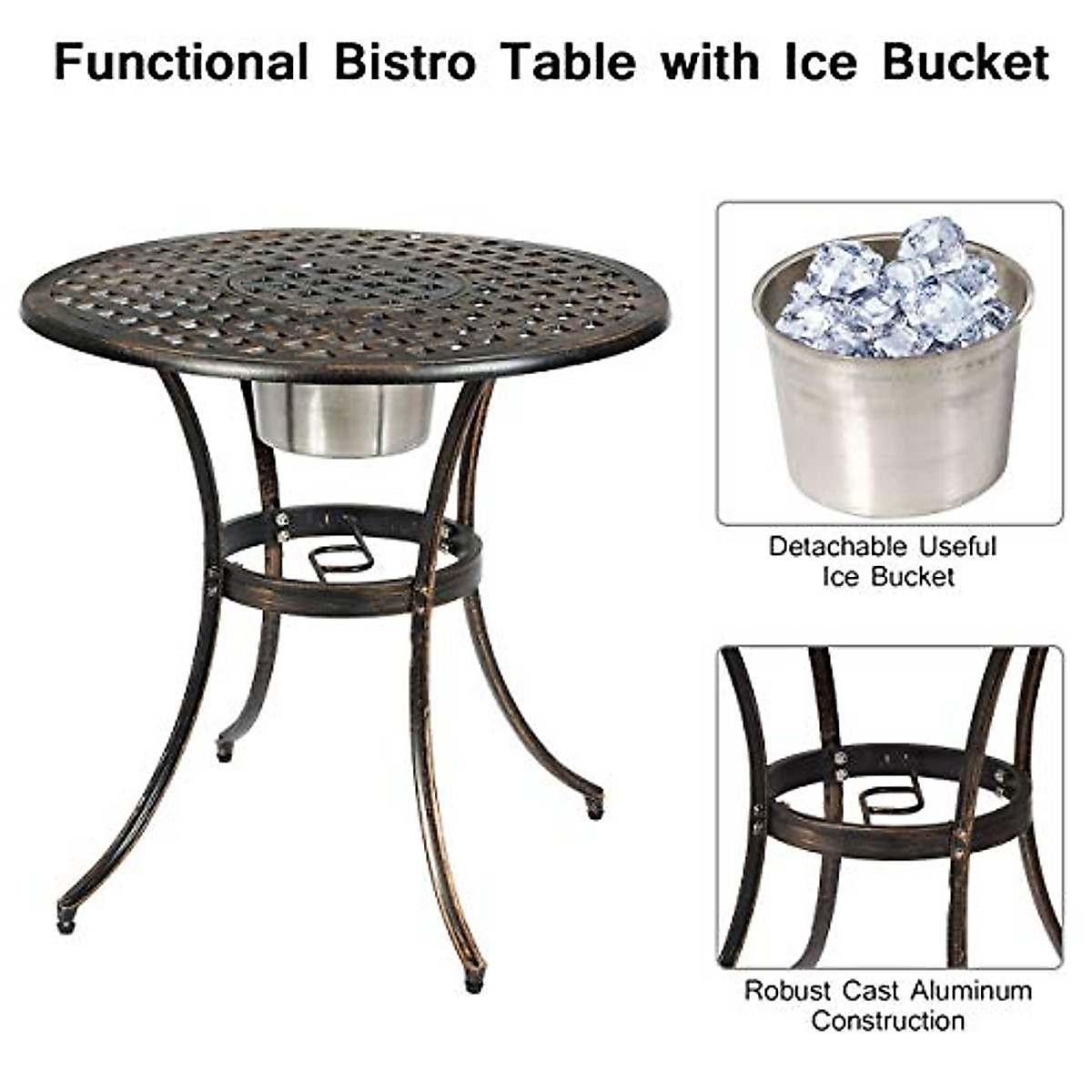 Giantex 3pcs Bistro Table Set Cast Aluminum Outdoor Patio Furniture Set Round Table W/Removable Ice Bucket, 2 Chairs Antique Garden Furniture Weather Resistant (Antique Bronze)