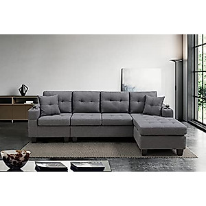 BIADNBZ Reversible Sectional Sofa with Chaise Lounge and Cupholders, L-Shape 4-Seat Couch Furniture for Living Room Apartment, w/2 Pillows, Gray