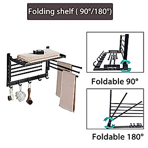 Gtouse Stainless Steel Towel Rack,23 Inch Bathroom Towel Rack with Shelf,Foldable Towel Shelf with Movable Hooks Rustproof Towel Storage Wall Mount for Bathroom Lavatory Matte Black