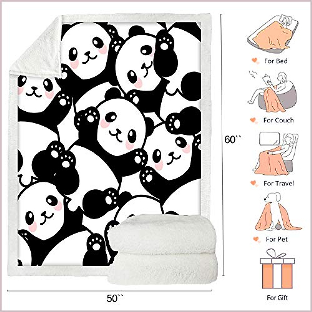 Jurllyshe Panda Throw Blanket Panda Plush Sherpa Fleece Blanket Panda Gifts for Girls Soft Warm Fuzzy Pandas Stuffed Animal Blankets for Kids or Adults All Seasons (Cute Panda, 50 x 60 Inch)