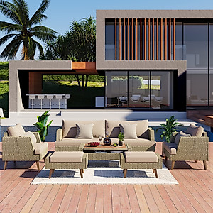 Merax 6-Pieces All Weather PE Wicker Sofa Set, Outdoor Rattan Sofa with Double Cushions, Wood Legs Wood Table Top