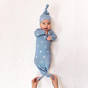 aden + anais Comfort Knit Knotted Newborn Baby Gown and Hat, Super Soft Cotton with Spandex, Infant Gown with Fold Over Mitten Cuffs, 2 Piece Set, 0-3 Months, Blue Moon