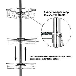 GOODBUY Corner Shower Caddy Tension Pole, Stainless Steel Bathroom Shower Organizer, Shower Rack Shower Shelf Corner with 4 Tier Adjustable Baskets, 4.9ft to 9.2ft, Silver