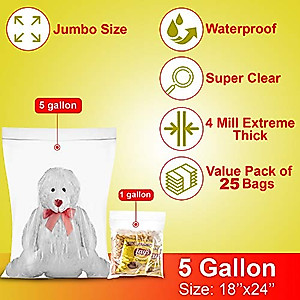 [ 25 COUNT ] EXTREME THICK BAGS - 18'' x 24'' - Extra Large Super Spacious Strong Clear Big Bags, Zipper, 5 GALLON, Heavy Duty 4 Mill, Plastic Food Storage Bags For Clothing, Toys, Storage, Moving, Organization, Meat, Laundry, Perfect Resealable Brining B