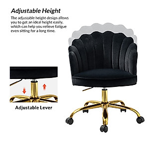 HULALA HOME Velvet Home Office Desk Chair, Modern Shell Back Makeup Vanity Chair with Wheels, Swivel Height Adjustable Cute Task Chair for Women Girls, Black