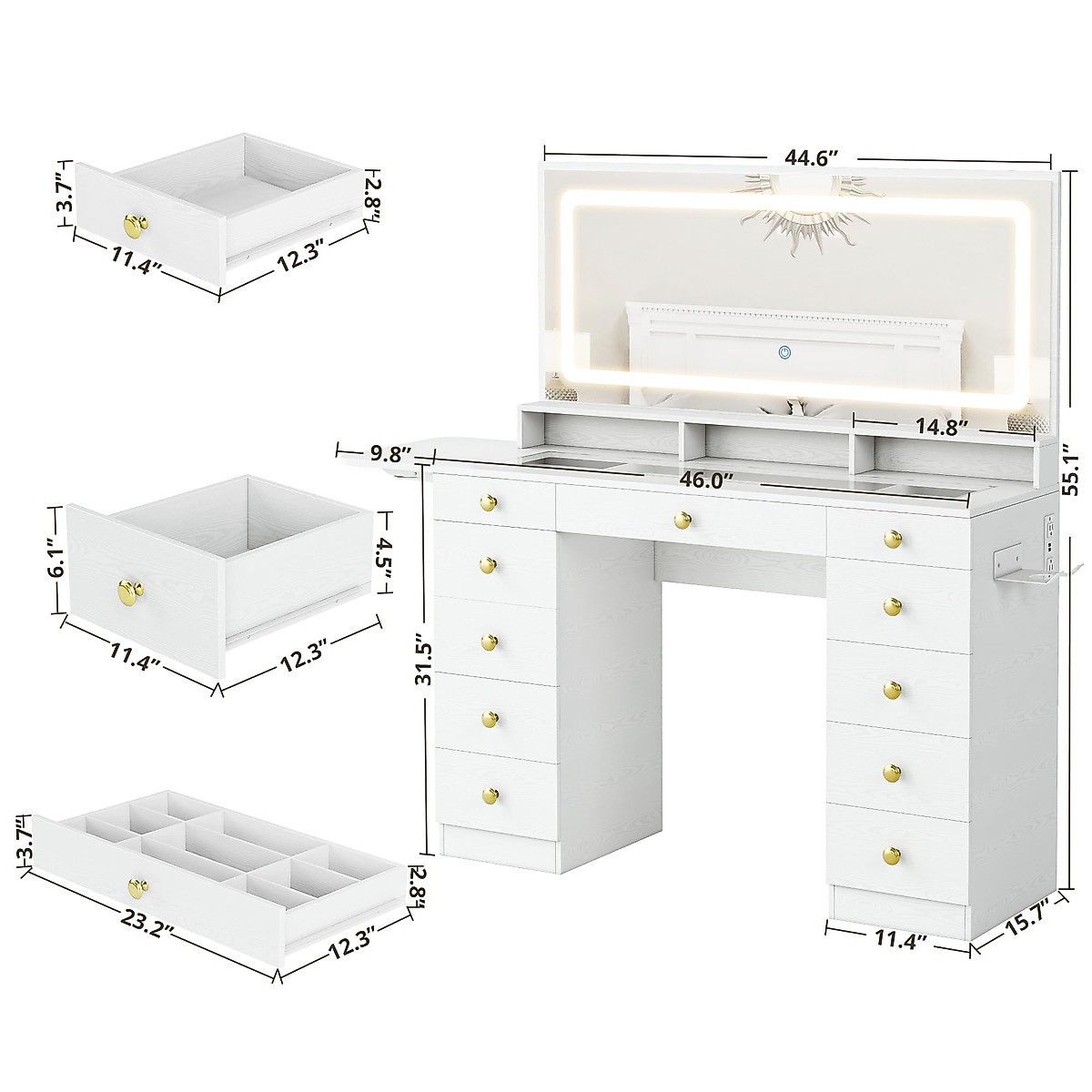 IRONCK Vanity Desk with Mirror and LED Lights, Makeup Vanity with 11 Drawers and Power Outlet, 45" Glass Top Vanity Table with Storage Stool, Adjustable Brightness, Vanity Set for Bedroom, White