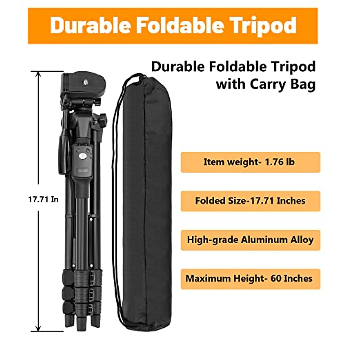 60" Camera Tripod with Travel Bag,Cell Phone Tripod with Remote,Professional Aluminum Portable Tripod Stand with Phone Tripod Mount&1/4”Screw,Compatible with Phone/Camera/Projector/DSLR/SLR