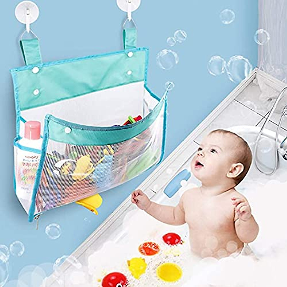 Yuehuam 2Pcs Bath Toy Organizer Mesh Bag Bottom Zippered Bathtub Toy Holder Storage Bag Multiple Ways to Hang for Storing Toys Diapers Clothes