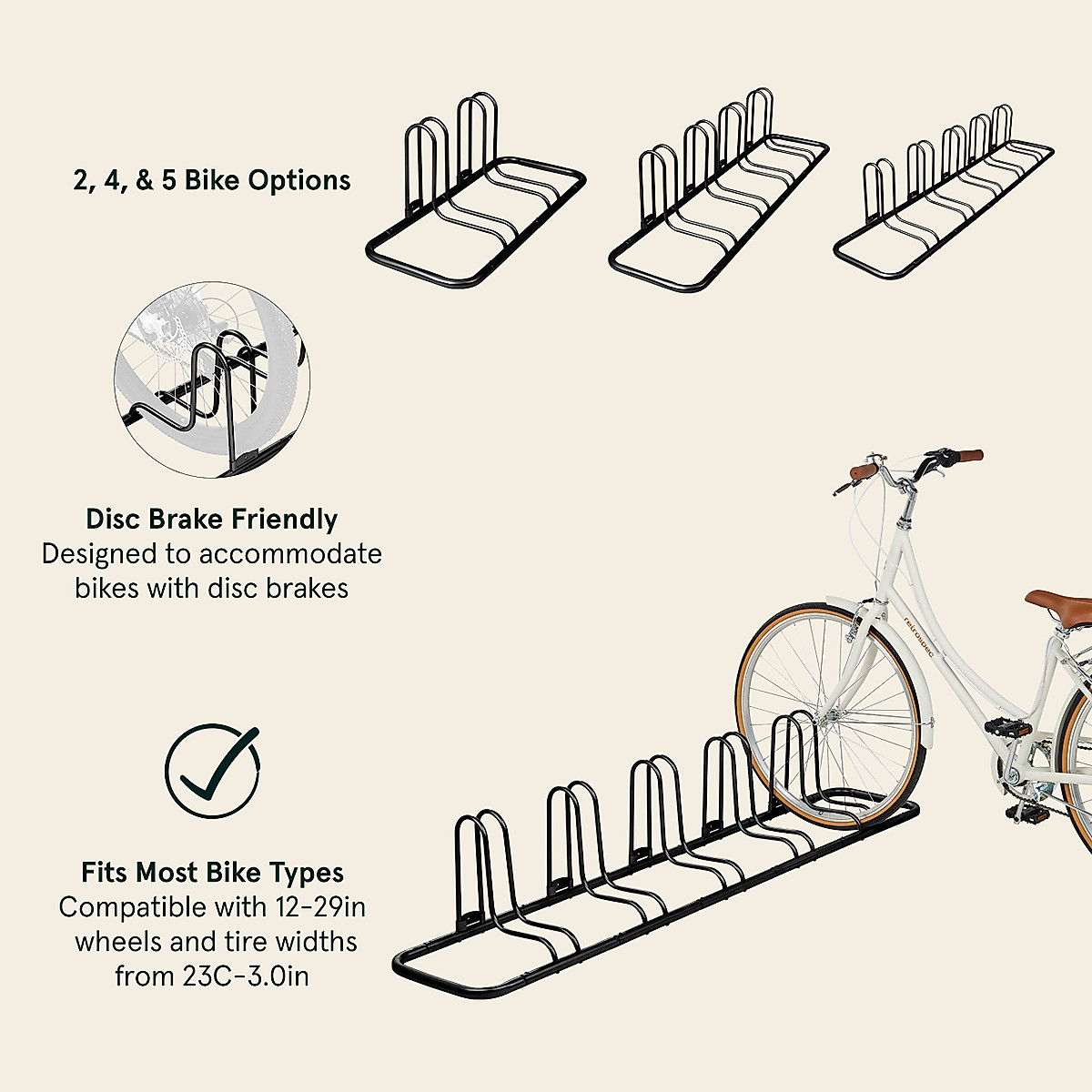 Retrospec Stash Rack 2, 4 & 5 Bike Floor Stand Bicycle Storage Organizer for Mountain Bike, Road Bike, Weather Resistant Fine Powder Steel Coating Fits Wheels up to 3", Black, 5 Bike
