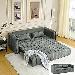 CALABASH 82.3" Queen Pull Out Couch Bed, 3 in 1 Convertible Sleeper Sofa Bed, Velvet 3-Seater Pullout Couch with 2 Storage Drawers for Living Room, Apartment, Small Space (Grey)