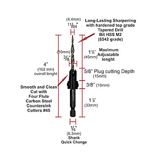 JNB Pro Wood Countersink Drill Bit Set - 5 Pc Adjustable Countersink Bit #8(11/64") All Same Size - 2 Extra 11/64 Tapered Drill Bit, 1 Adjust. Collar, 1 Wrench - 1/4" Quick Change Shank - Countersink