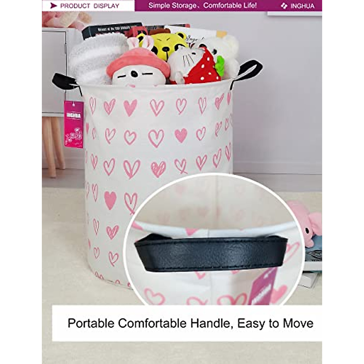INGHUA Laundry Hamper Large Canvas Fabric Lightweight Storage Basket/Toy Organizer/Dirty Clothes Collapsible Waterproof for College Dorms, Boys and Girls Bedroom,Bathroom(Pink hearts)
