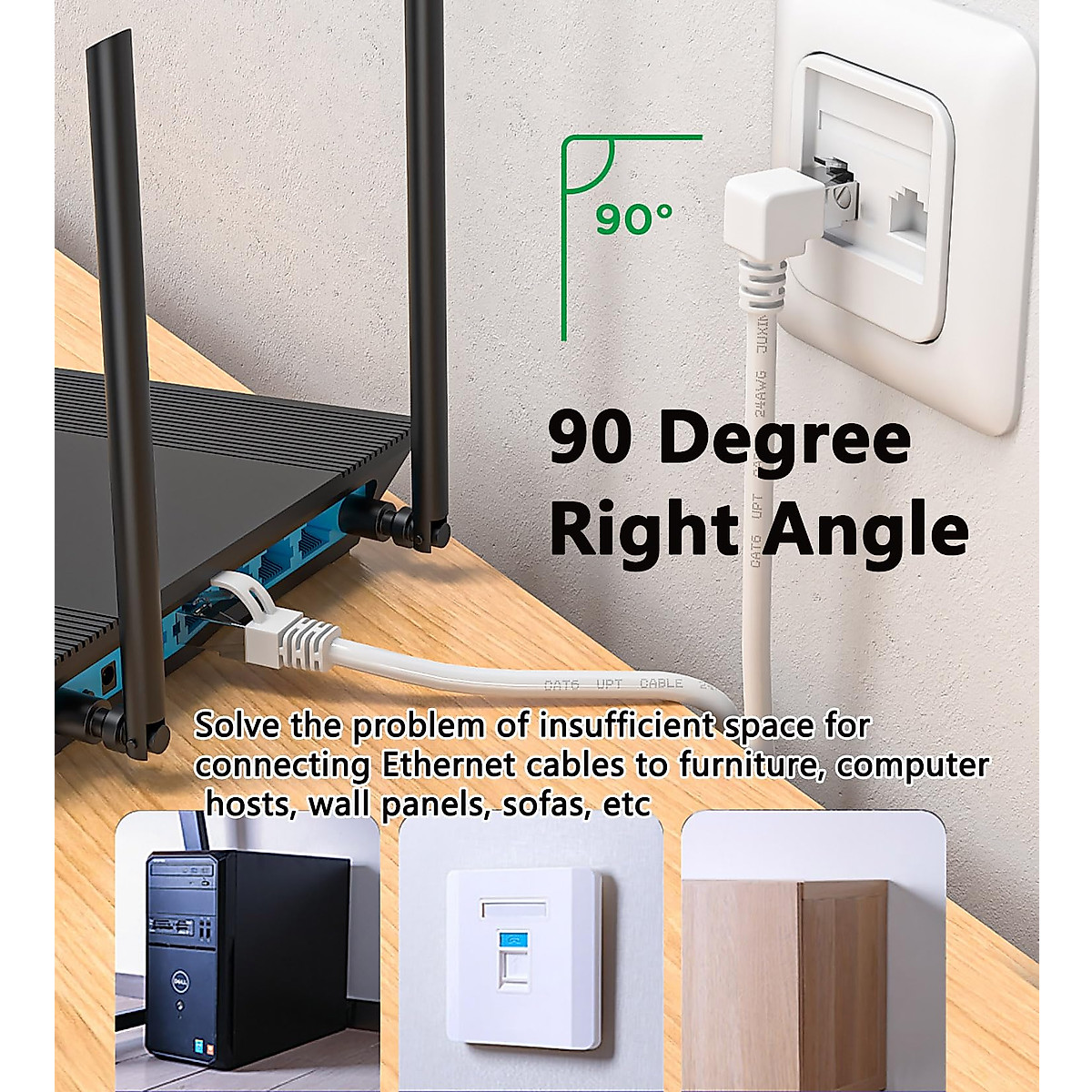 JUXINICE Right Angle Ethernet Extension Cable UPangle 1.5ft-White, 90 Degree CAT6 Ethernet Patch Cable RJ45 LAN Cable Extender Male to Female Connector for Router Modem Smart TV PC Computer Laptop