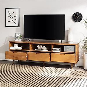 Walker Edison Millie Mid Century Modern 3 Drawer Solid Wood Low Stand for TVs up to 80 Inches, 70 Inch, Caramel