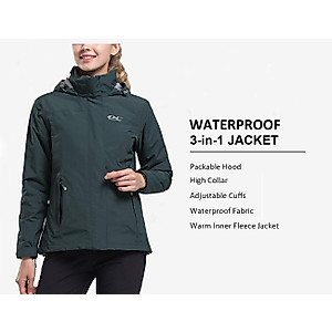 Diamond Candy Womens Winter Coat Waterproof Rain Jacket for Ski, 3 in 1 Fleece Jacket with Hood