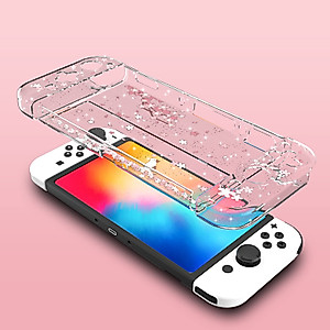 Switch OLED Protective Case, Switch OLED Clear Case with Tempered Glass Screen Protector and Thumb Grips - Cherry Blossom