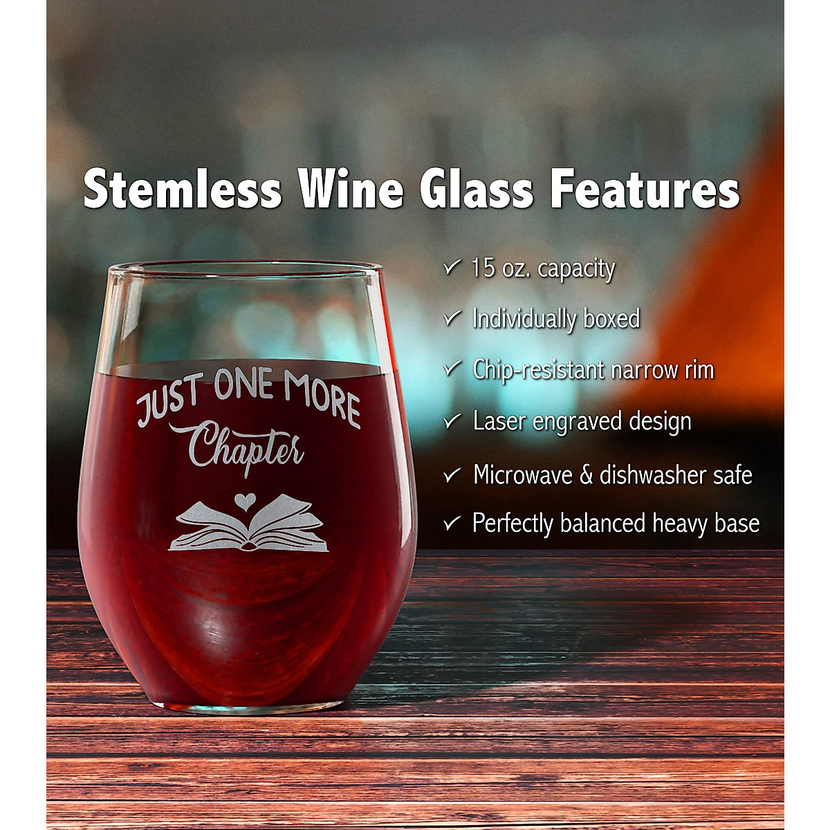 Promotion & Beyond Just One More Chapter Reader Gift, Book Lover, Book Club Gift Stemless Wine Glass for Moms Aunts Sisters Friends Colleagues
