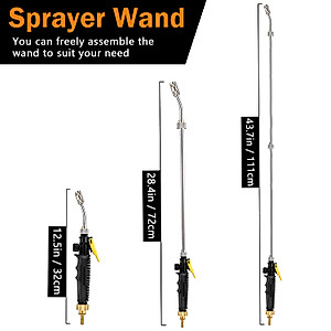 Ramarmro 44" Sprayer Wand, 2 brass barbs match 3/8'' & 1/4'' hoses, Adjustable Stainless Steel Replacement Garden Sprayer Wand with Built-in Shut-Off Valve, w/ 2 Hose Clamps & 2 Hose Connects Yellow
