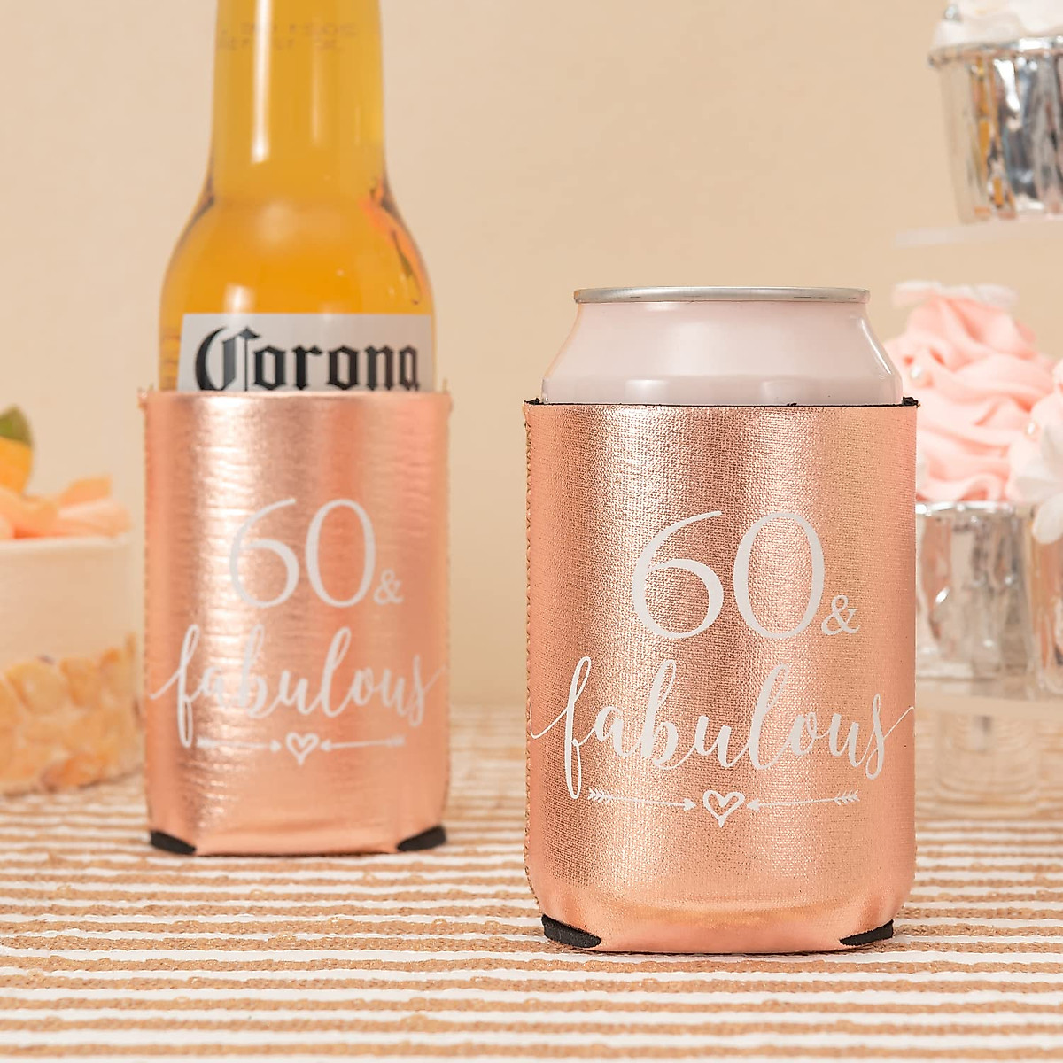 Crisky 60th Birthday Can Cooler for Women 60th Birthday Decorations Rose Gold 60 Fabulous Can Berverage Beer Sleeve Party Favor, Insulated Can Coolies 60th Birthday Gift Idea for Her 12 Pack