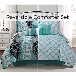Carmela Home – Comforter Set, Downton, Full/Queen, 7-Piece Set Includes 1 Comforter, 1 Sham, 4 Pillows, & 1 Bed Skirt, 100% Polyester, Reversible & Lightweight, Contemporary Turquoise, Aqua