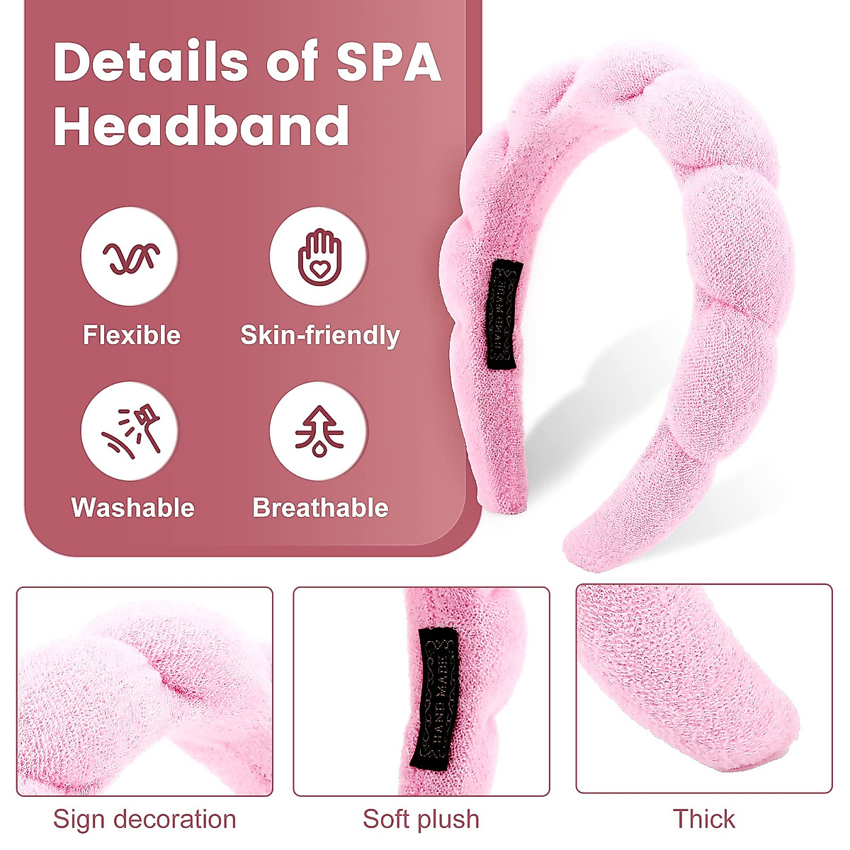 XBagSJ 2Pack SPA Headband for Washing Face, Puffy Headband, Face Wash Headband and Wrist Washband Set, Soft and Comfortable, Makeup, Shower, Skin Care headbands for Women Girls（Pink & Blue）