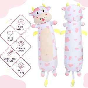 MorisMos Giant Cow Body Pillow 43'' Long Cow Pillow Plush, Pink Cow Stuffed Animal Glow in The Dark, Strawberry Cow Pillow with Heart for Girlfriend Valentine's Day Gift,Girl Boy Kid Body Pillow Gift