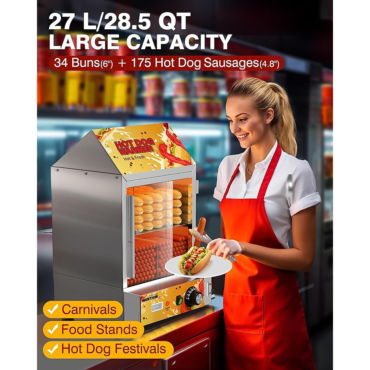 WantJoin Hot Dog Steamer, Adjustable Temperature 2-Tier Electric Hot Dog Steamer with Bun Warmer, 24.52 QT, Visible Glass Sliding Door and Water Level Line, Suitable for Steaming 175 Hot Dogs &40 Buns