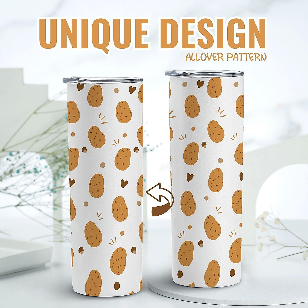 Onebttl Funny Potato Gifts for Potato Lovers, All-over Pattern Insulated 20oz Stainless Steel Skinny Tumbler with Straw and Lid