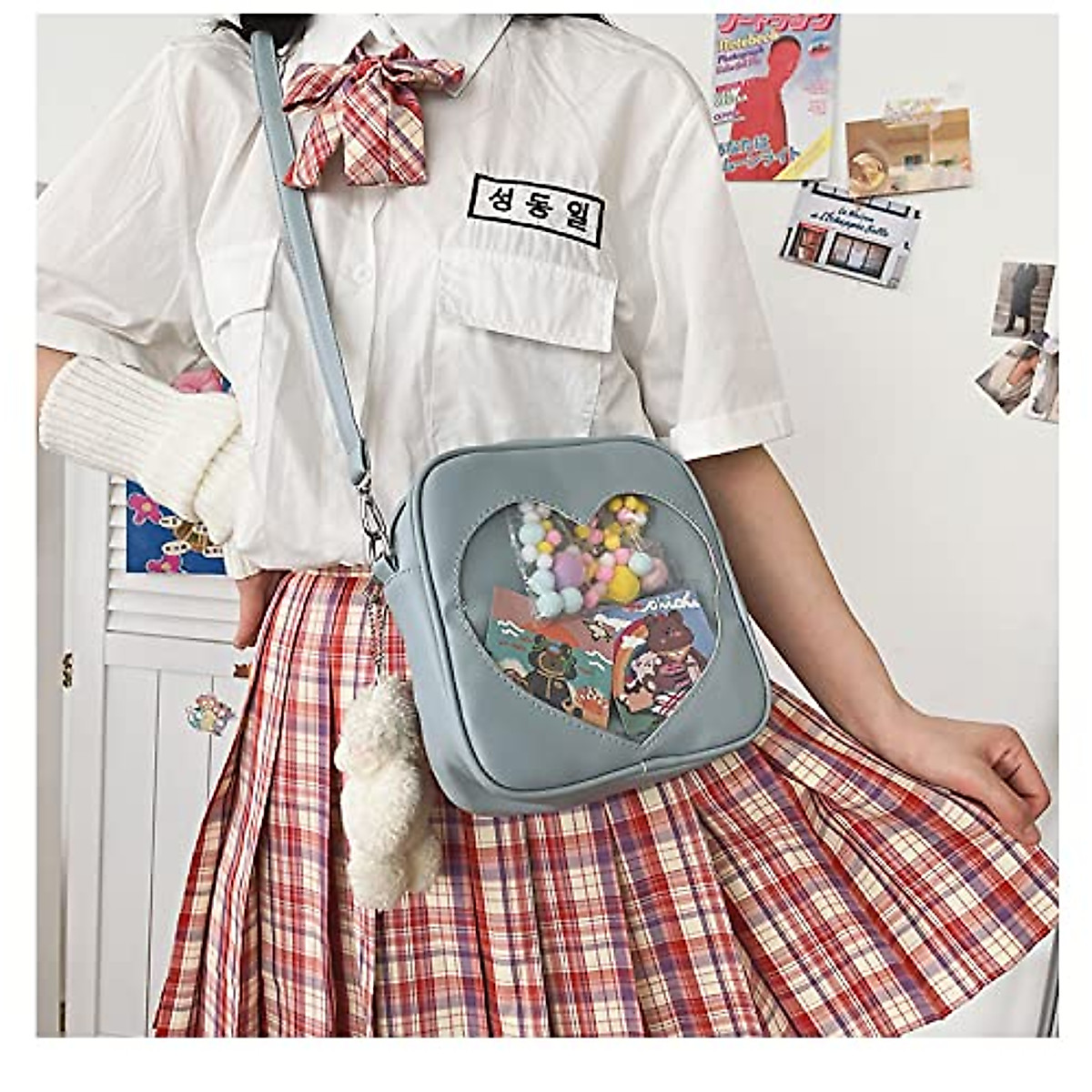 Hipi-shop Ita bag Heart-shaped Clear PU Crossbody bag shoulder bag for Anime Lolita Bag DIY Cosplay Display Anime badges and doll (Black)