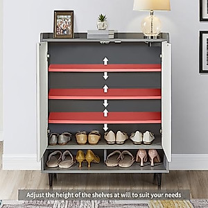 OLD CAPTAIN Shoe Storage Cabinet, 5-Tier Modern Entryway Organizer Cabinet with Door,Deodorisation and Automatic Lighting (White Rattan)