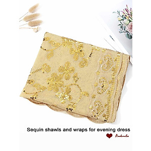 Aukmla Sequin Shawls and Wraps for Evening Dresses 1920s Lace Scarf Wedding Spakle Cape Cover Up Wedding Accessories(A Gold)